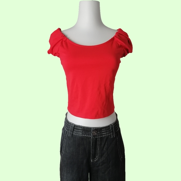 Tops | Vintage Red Bateau Neckoff The Shoulder Cotton Crop Top By ...